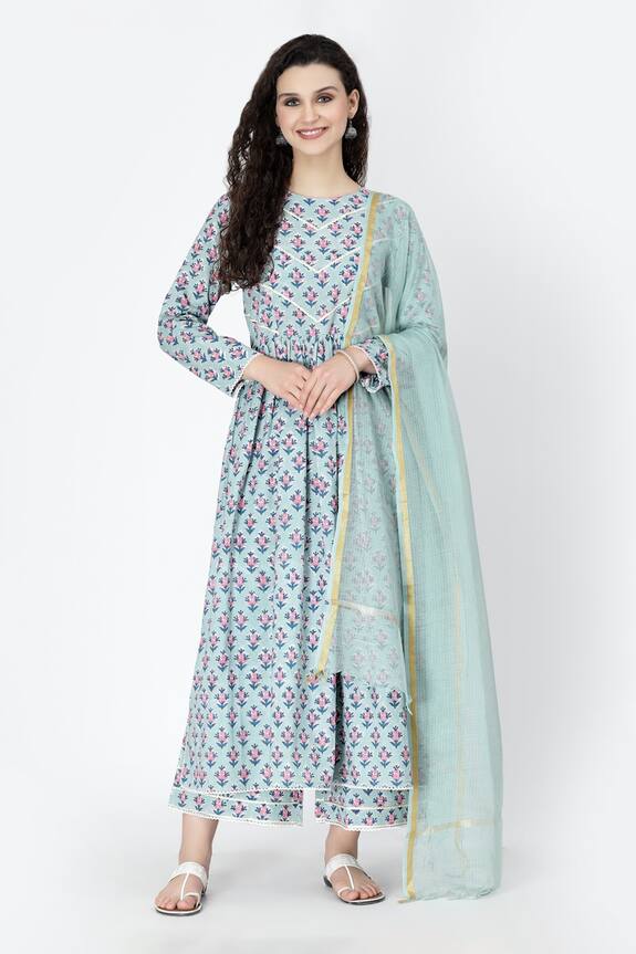 Buy Shetab Kazmi Blue Cotton Floral Hand Block Print Kurta Set Online ...