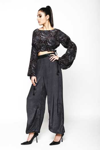 Buy Anmol Kakad Black Crepe Silk Noir Damask Pattern Crop Top And Pant ...