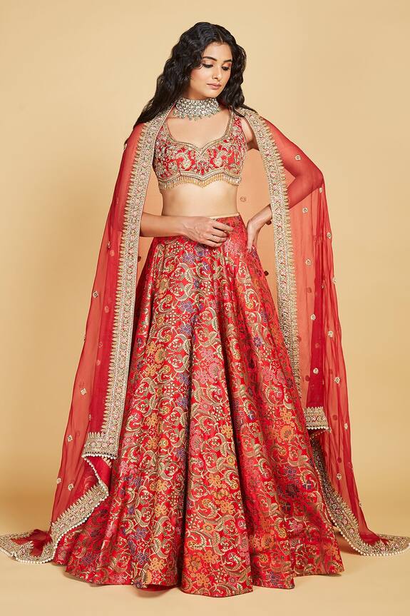 Buy Amrin khan Maroon Banarasi Silk Periwinkle Flower Pattern Lehenga ...