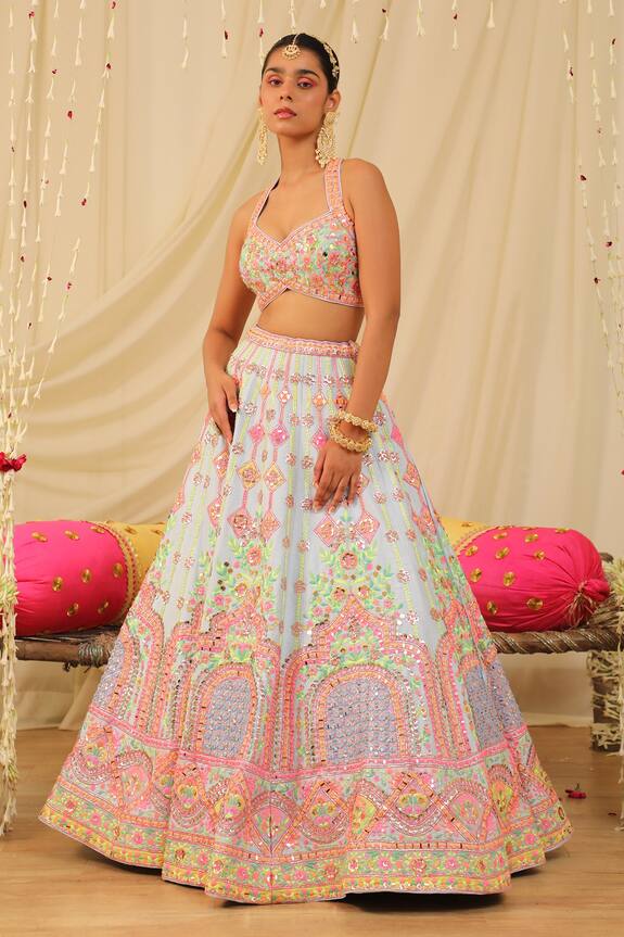 Buy Rajbinder Chahal Blue Dupion Silk Floral Embroidered Lehenga And ...