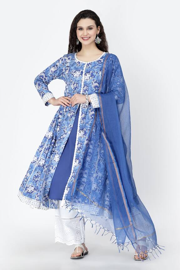 Buy Shetab Kazmi Blue Cotton Marjan Floral Block Print Anarkali Set ...