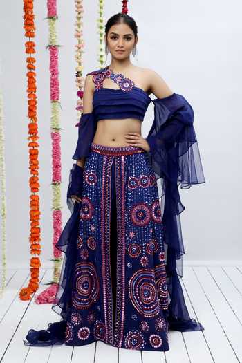 Buy Shian Blue Crepe Thread Embroidered Overlay Pant Set Online | Aza ...