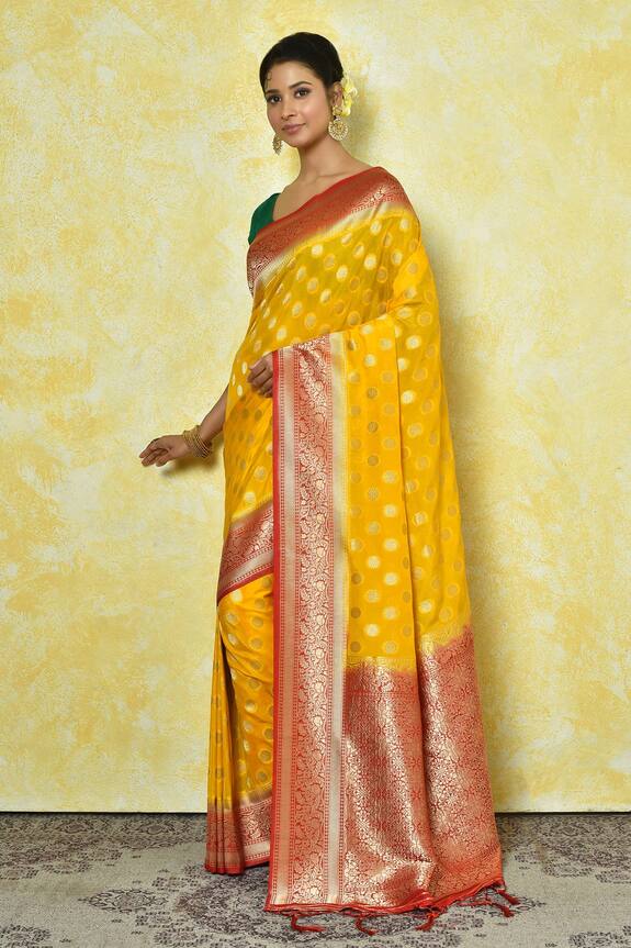 Buy Nazaakat by Samara Singh Yellow Kanjeevaram Silk Woven Floral Butti ...