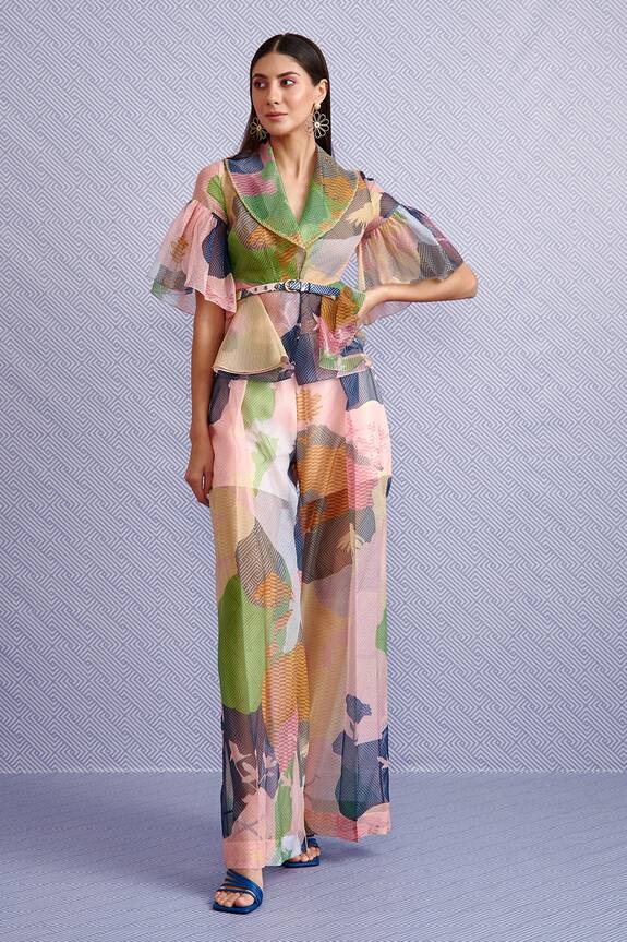 Buy Pankaj And Nidhi Blue Organza Hibiki Sheer Peplum Top And Pant Set