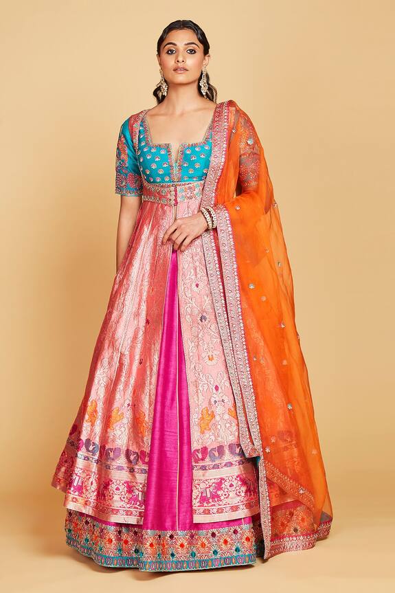 Buy Amrin khan Pink Banarasi Kalidar Jacket And Lehenga Set Online ...