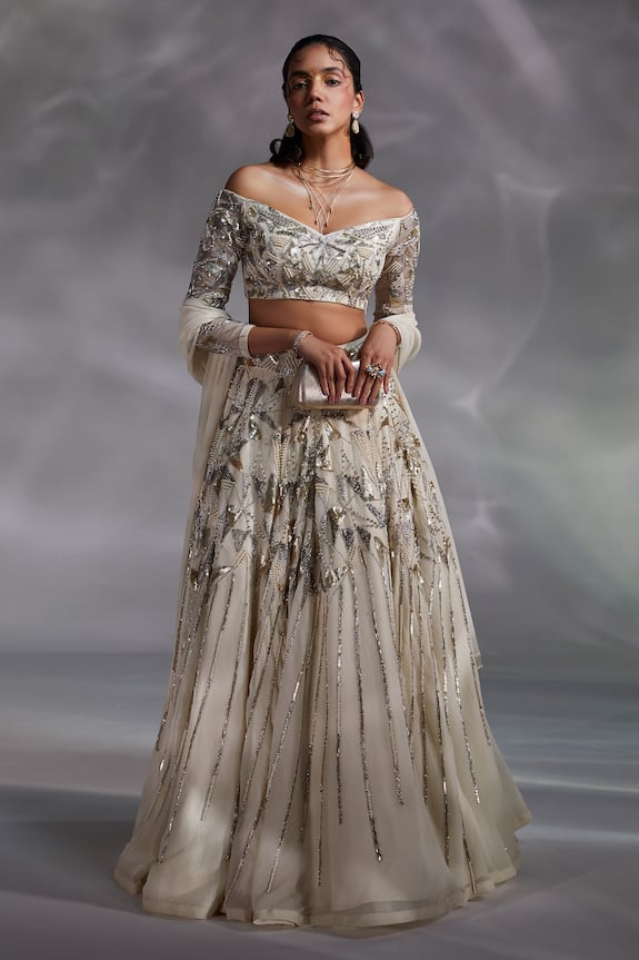 Buy Divya Aggarwal Off White Crushed Organza Belen Embellished Lehenga ...