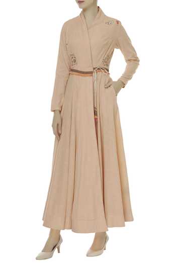Buy Jajaabor Peach Cotton Embroidered Angrakha Kurta Online | Aza Fashions