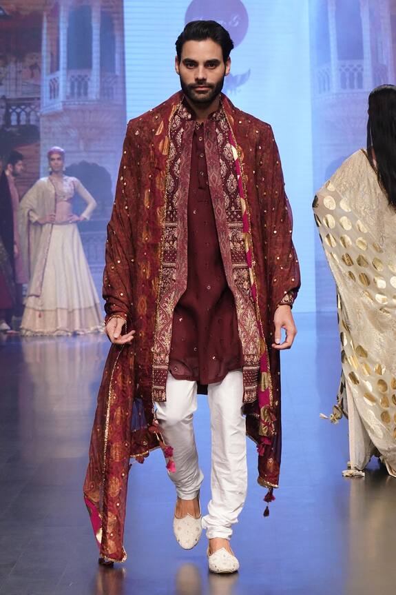 Buy Soniya G Wine Velvet Floral Embroidered Sherwani Set Online | Aza ...