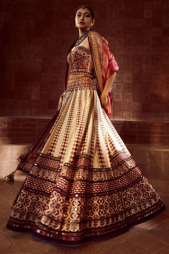 Buy Tarun Tahiliani Multi Color Tribal Patchwork Kalidar Lehenga Set ...