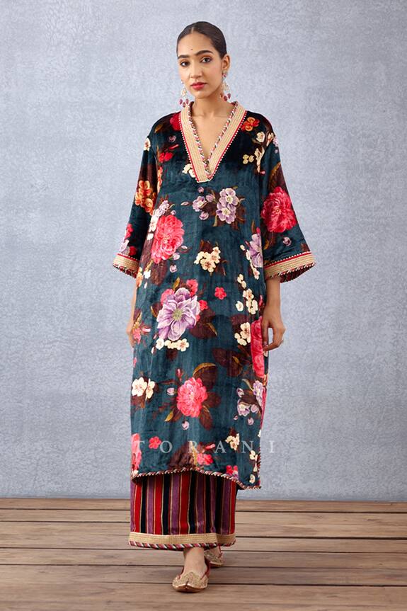 Buy Torani Blue Silk Velvet Shabnami Barkha Makhmal Kurta Set Online ...