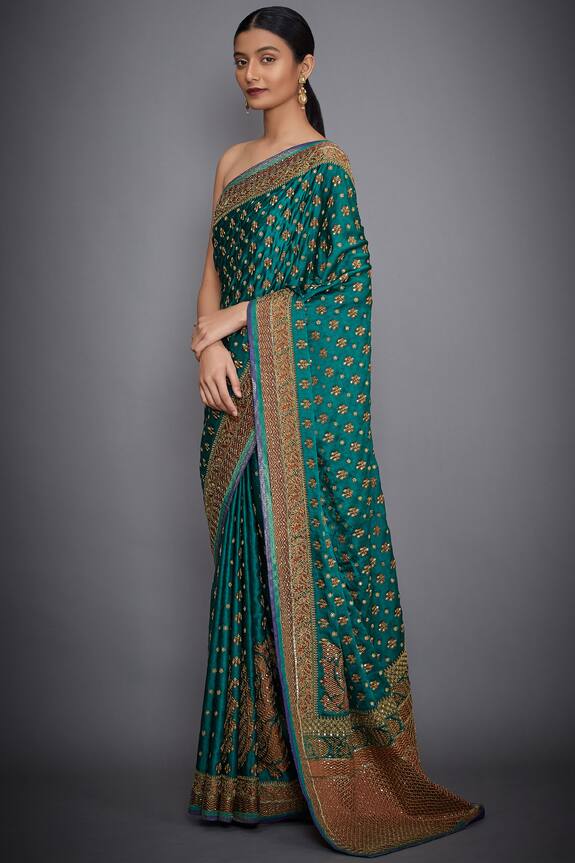 Buy RI.Ritu Kumar Green Satin Embroidered Saree With Unstitched Blouse ...