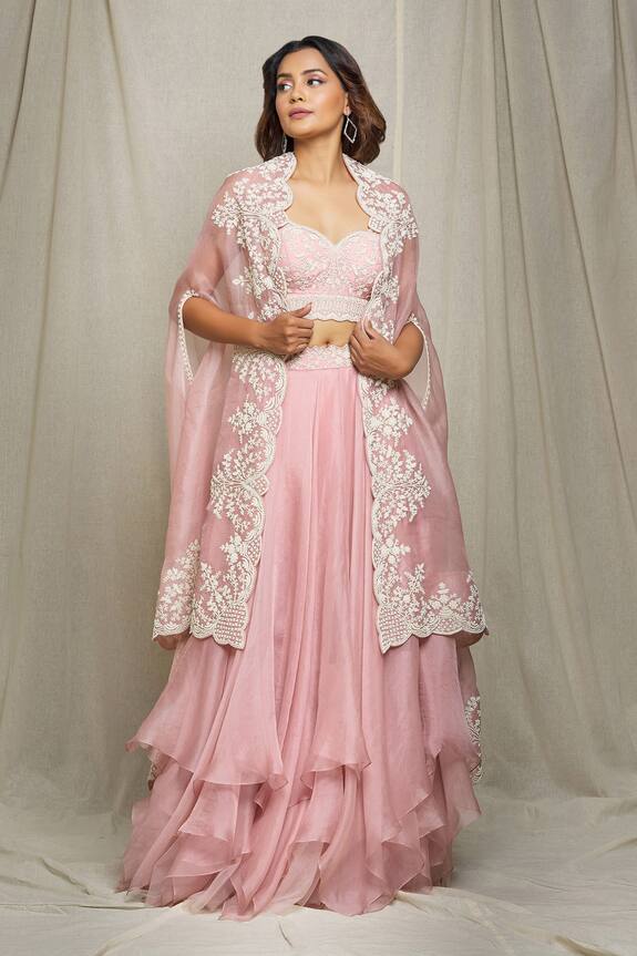 Buy Anushree Reddy Pink Organza Pearl Embroidered Cape Lehenga Set ...
