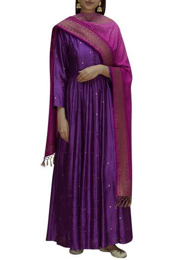 Buy Pinki Sinha Purple Handloom Banarasi Anarkali With Dupatta Online ...
