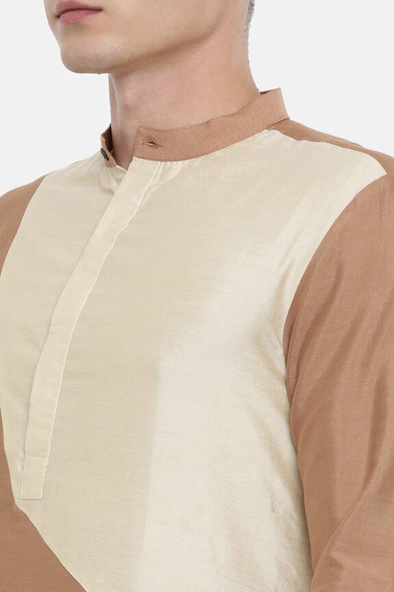 Buy Mayank Modi - Men Beige Cotton Silk Color Block Kurta Set Online ...