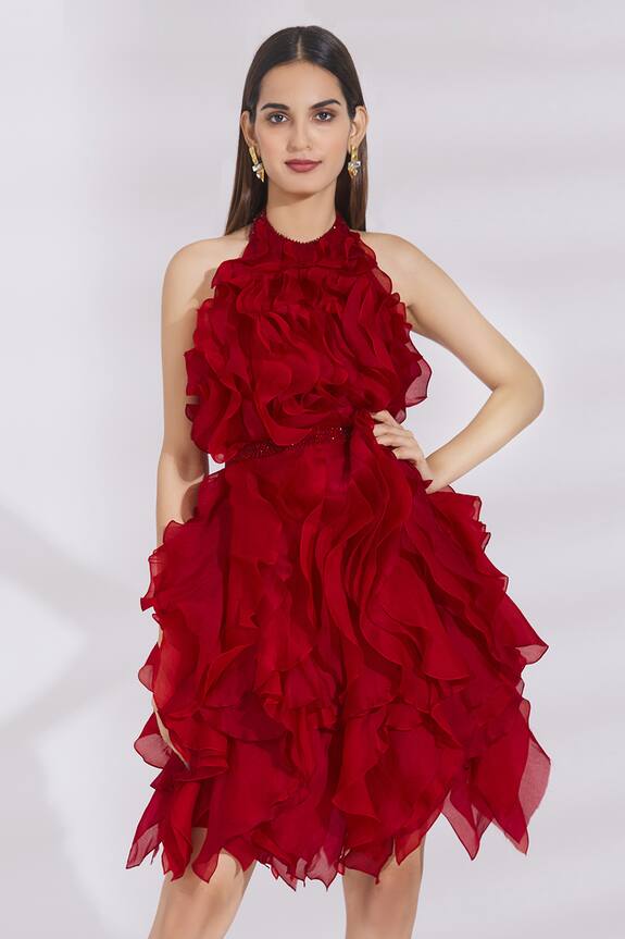 Buy Shriya Som Maroon Georgette Halter Ruffle Dress Online | Aza Fashions