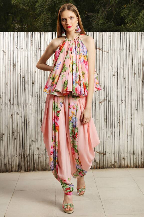 Buy Nikasha Pink Crepei Floral Printed Dhoti Pant Set Online | Aza Fashions