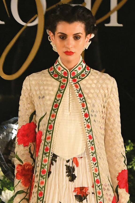 Buy Rohit Bal Off White Net Printed And Embroidered Long Jacket Online ...