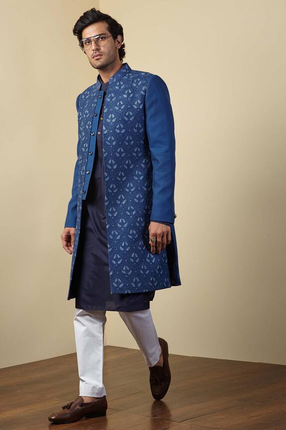 Buy Seven Blue Silk Embroidered Sherwani Set Online | Aza Fashions