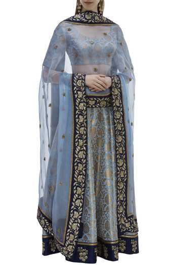 Buy Ranian Blue Brocade Woven Lehenga Set Online | Aza Fashions