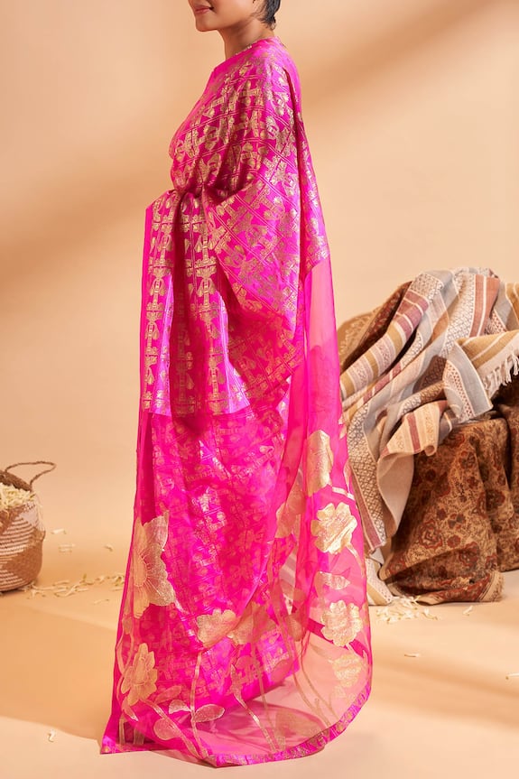Buy Masaba Pink Printed Silk Saree With Unstitched Blouse Fabric Online ...