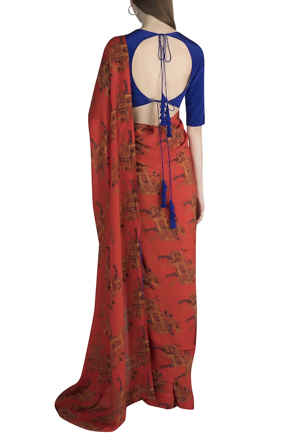 Buy Masaba Blue Crepe Saree With Unstitched Blouse Fabric Online | Aza ...