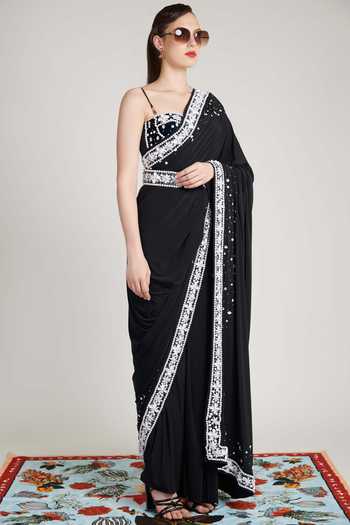Buy Shivan & Narresh Black Italian Jersey Embellished Pre-draped Saree ...