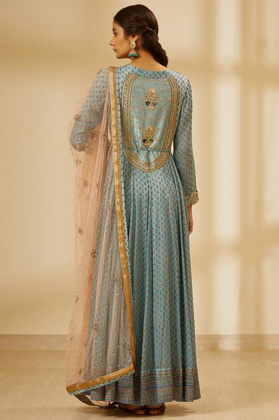 Buy Shyam Narayan Prasad Blue Satin Georgette Block Print Anarkali Set ...