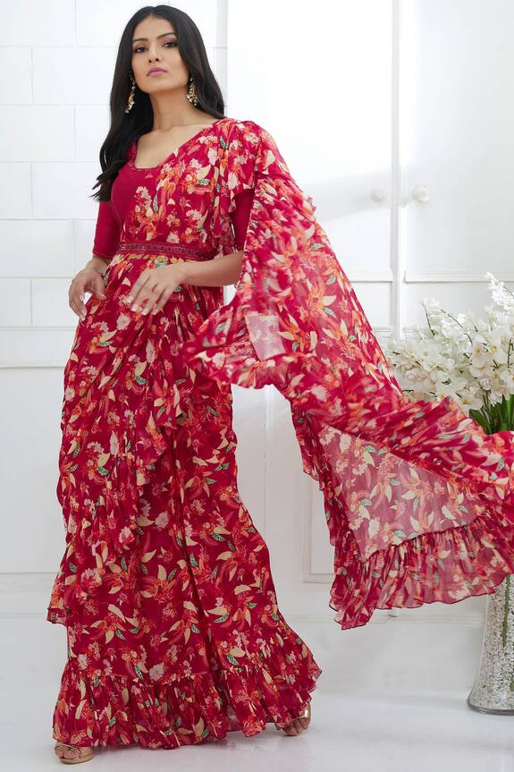 Buy Mandira Wirk Pink Chiffon Ruffle Saree With Blouse Online | Aza ...