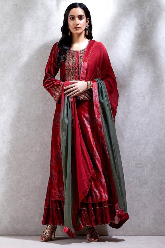 Buy Ritu Kumar Velvet Embroidered Kurta Sharara Set Online | Aza Fashions