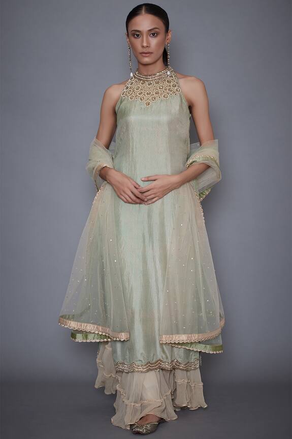 Buy RI.Ritu Kumar Green Silk Tafetta Embroidered Kurta Sharara Set ...