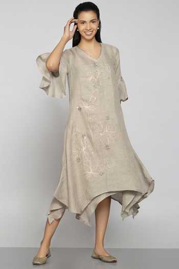 Buy Kaveri Beige Linen Layered Dress Online | Aza Fashions
