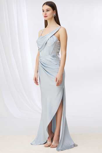 Buy Deme by Gabriella Blue Satin Draped Slit Gown Online | Aza Fashions