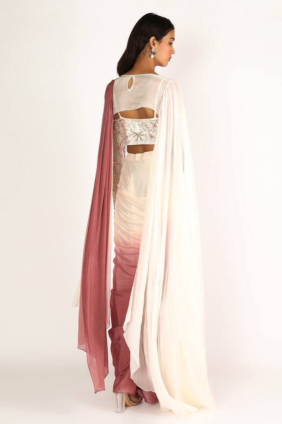 Buy Pink Peacock Couture Beige Dupion One Side Cape And Pre-draped ...