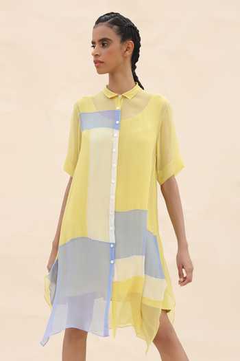 Buy Abhishek Sharma Yellow Chiffon Colorblock Shirt Dress Online | Aza ...