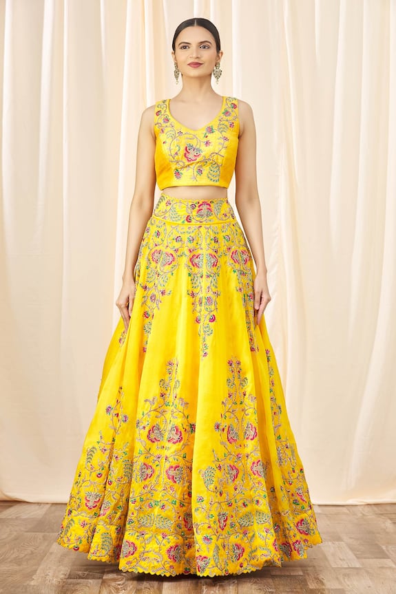 Buy Mrunalini Rao Yellow Organza Satin Cape And Lehenga Set Online ...