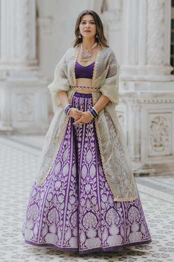 Buy Anjana Bohra Purple Banarasi Paisley Embroidered Lehenga Set Online ...