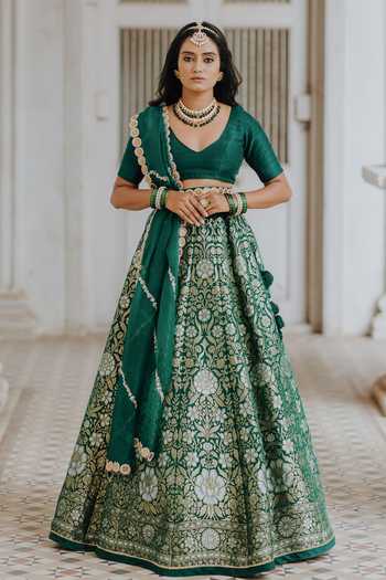 Buy Anjana Bohra Green Banarasi Floral Lehenga Set Online | Aza Fashions