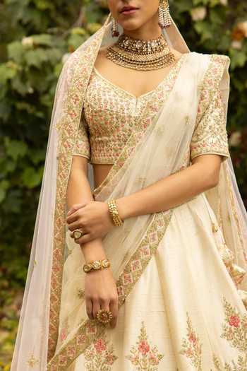 Buy Angad Singh White Raw Silk Floral Embroidered Lehenga Set Online ...