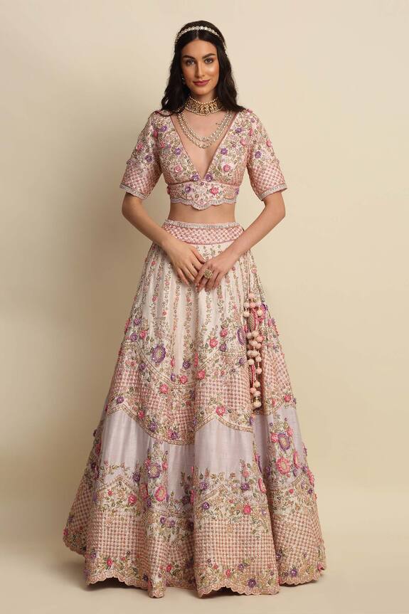 Buy Daddy's Princess Pink Raw Silk Floral Applique Lehenga Set Online ...