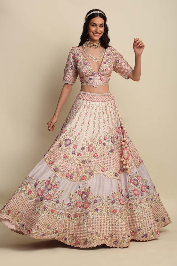 Buy Daddy's Princess Pink Raw Silk Floral Applique Lehenga Set Online ...