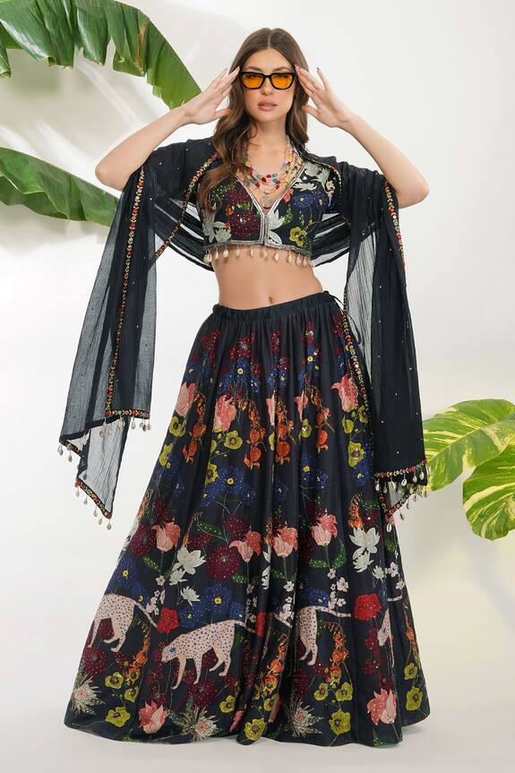 Buy Devyani Mehrotra Black Viscose Cotton Silk Floral Fauna Print ...