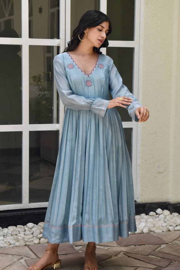 Buy Taro Blue Modal Silk Carolina Pleated Dress Online | Aza Fashions