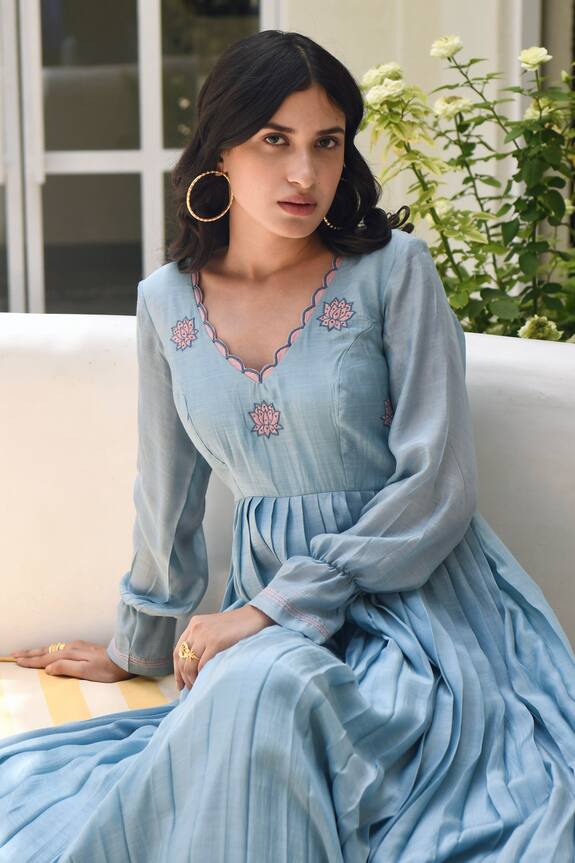 Buy Taro Blue Modal Silk Carolina Pleated Dress Online | Aza Fashions
