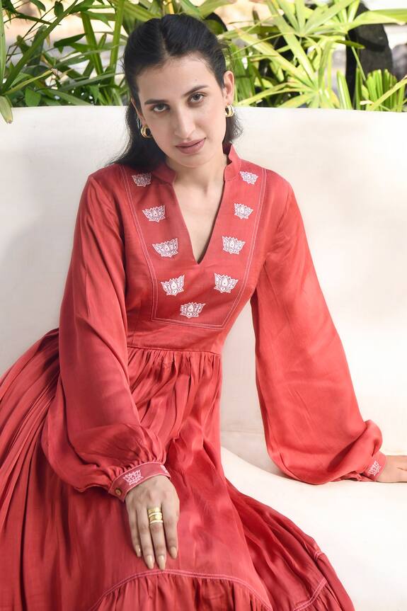 Buy Taro Modal Silk V Neck Tiered Dress Online | Aza Fashions