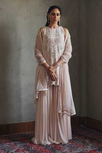 Buy Radha Sharma Pink Georgette Floral Embroidered Kurta Gharara Set ...