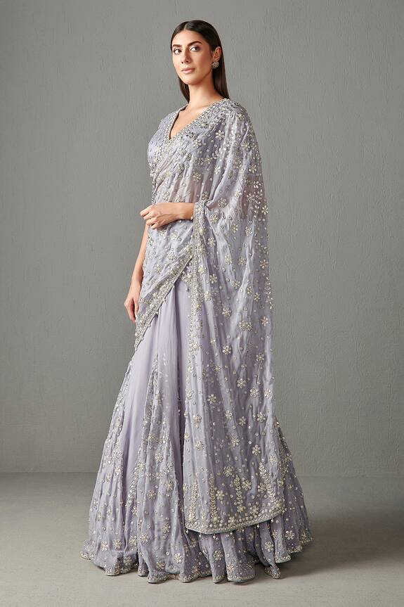 Buy Rabani & Rakha Purple Georgette Adha Lehenga Saree With Embroidered Blouse Online | Aza Fashions