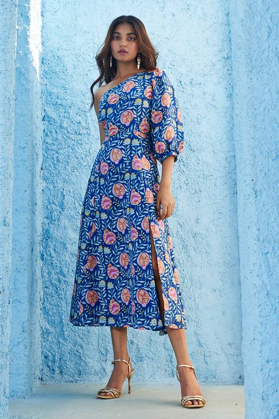 Buy Jodi Blue Satin Silk Zenia Floral Print Slit Dress Online | Aza ...