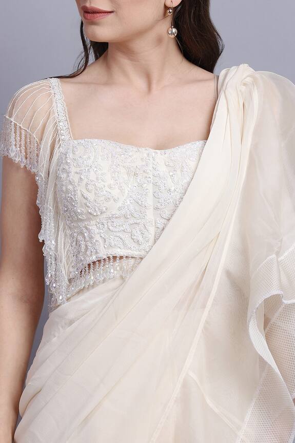 Buy Asira White Georgette Alina Ruffle Saree With Blouse Online | Aza ...