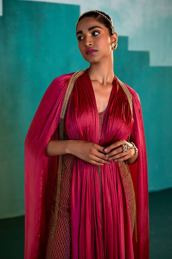 Buy Agunj by Gunjan Arora Pink Shantoon Satin Cape And Jumpsuit Set ...