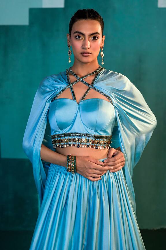 Buy Agunj by Gunjan Arora Blue Shantoon Satin Draped Corset And Skirt ...